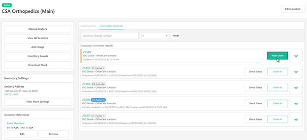 Create a Manual Restock Order – Direct Support